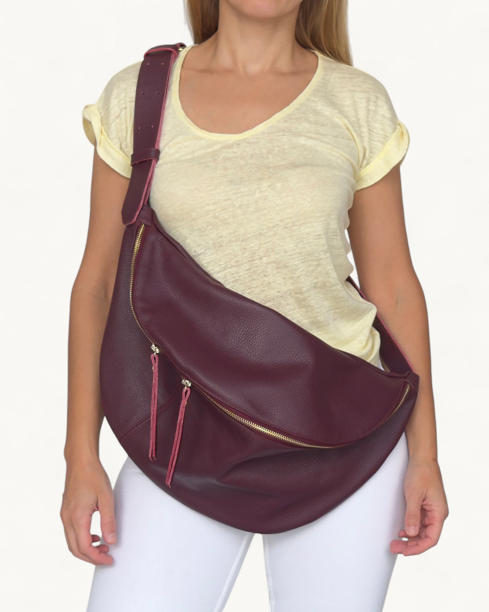 Large Burgundy Leather Sling Bag - Oversized Fanny Pack
